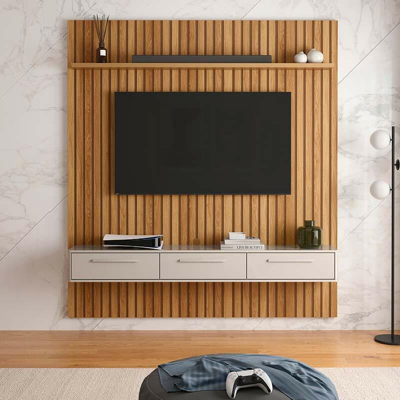 Painel Ripado Oslo Para TV 75 Polegadas 191cm x 207cm Bancada Bali 1.9 Lukaliam Freijo/Off White
