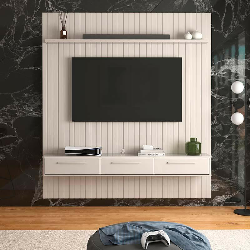 Painel Ripado Oslo Para TV 75 Polegadas 191cm x 207cm Bancada Bali 1.9 Lukaliam Off White