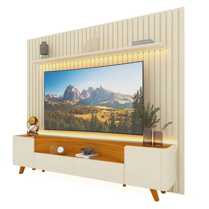 Rack Infinity Pés Madeira Com Painel Ripado Nobre TV 85 Pol 230x250 Gelius Off White/Naturale