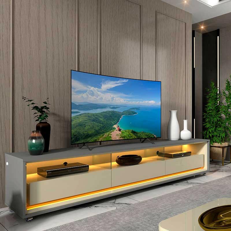 Rack Com LED Pra TV 75 Polegadas 212cm Requinte Rodízios Gelius Cinza ...