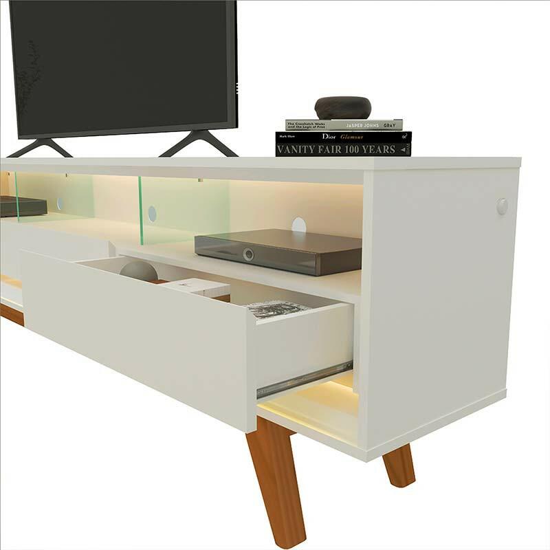Rack Com LED Pra TV 75 Polegadas 212cm Requinte Pés Madeira Gelius Branco