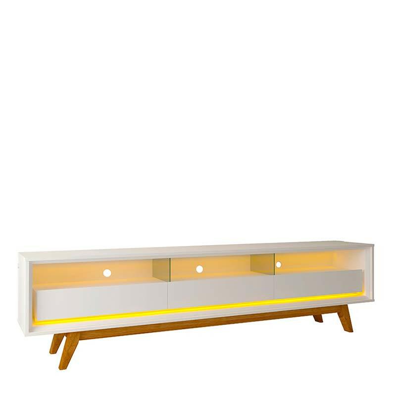 Rack Com LED Pra TV 75 Polegadas 212cm Requinte Pés Madeira Gelius Branco