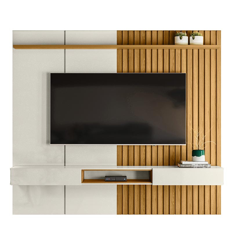 Painel Ripado 225cm Para TV 75 Polegadas Bless 2.3 Lukaliam Off White/Freijo